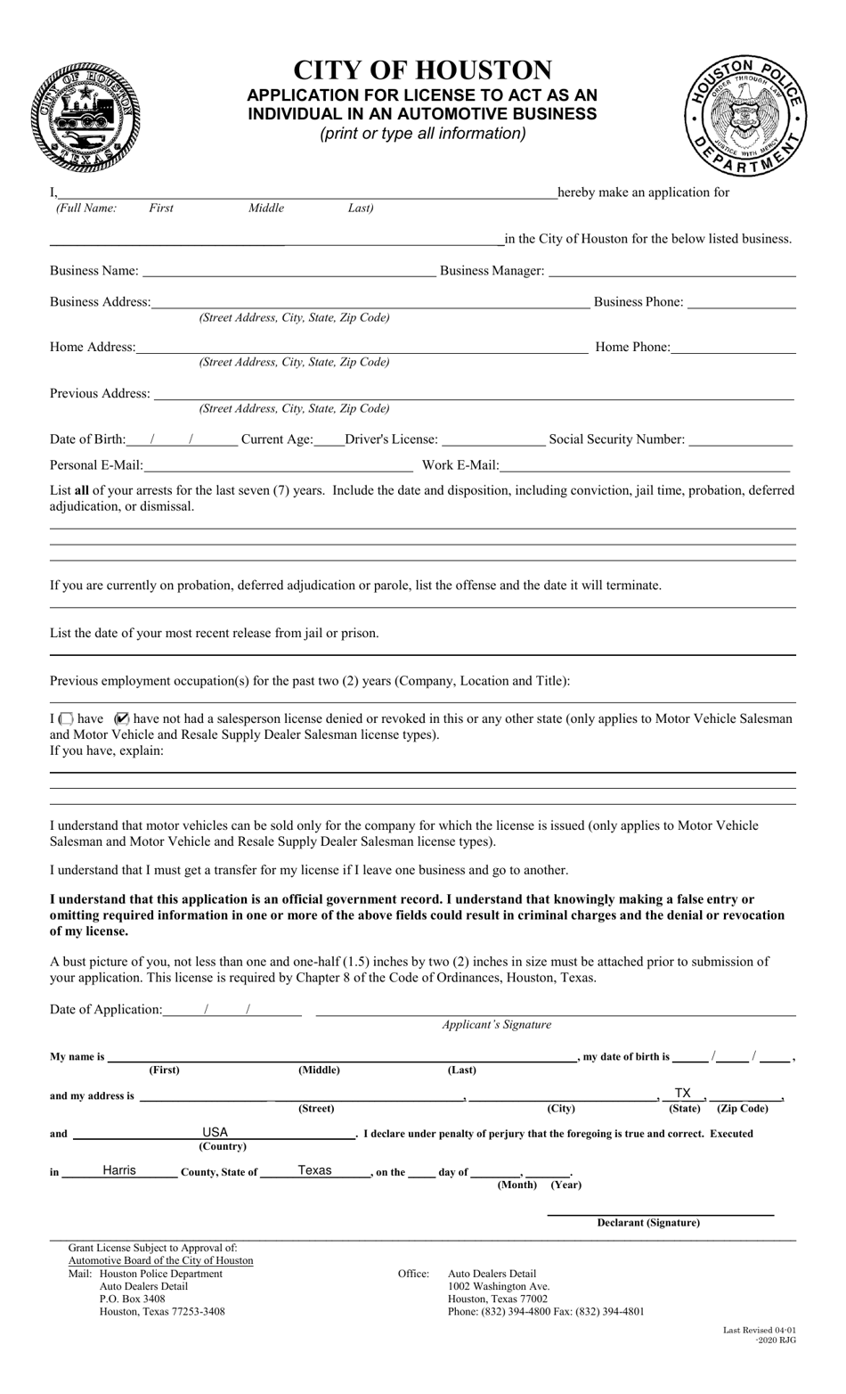 City of Houston, Texas Application for License to Act as an Individual ...