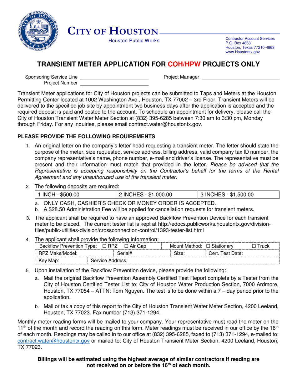 City of Houston, Texas Transient Meter Application for Coh/Hpw Projects ...