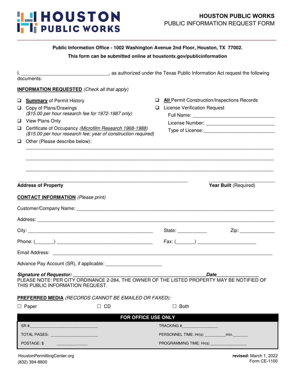 Form CE-1100 - Fill Out, Sign Online and Download Fillable PDF, City of ...