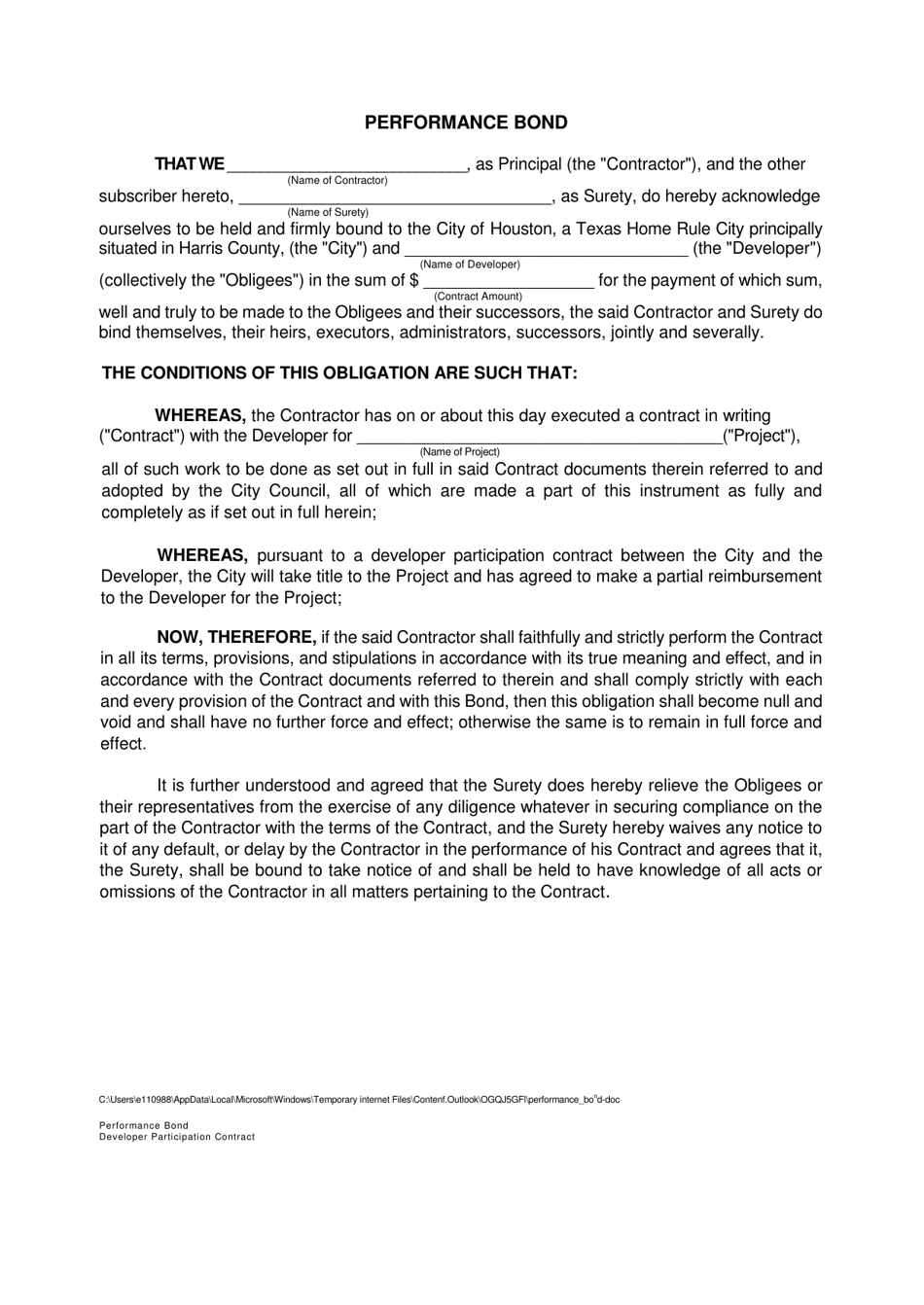 City of Houston, Texas Performance Bond - Fill Out, Sign Online and ...