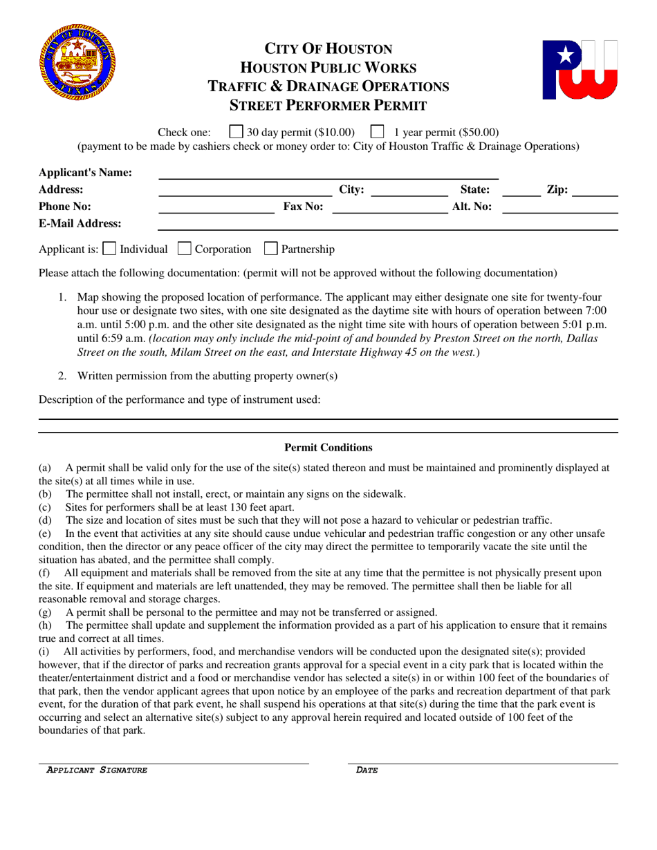 City of Houston, Texas Street Performer Permit Download Printable PDF ...