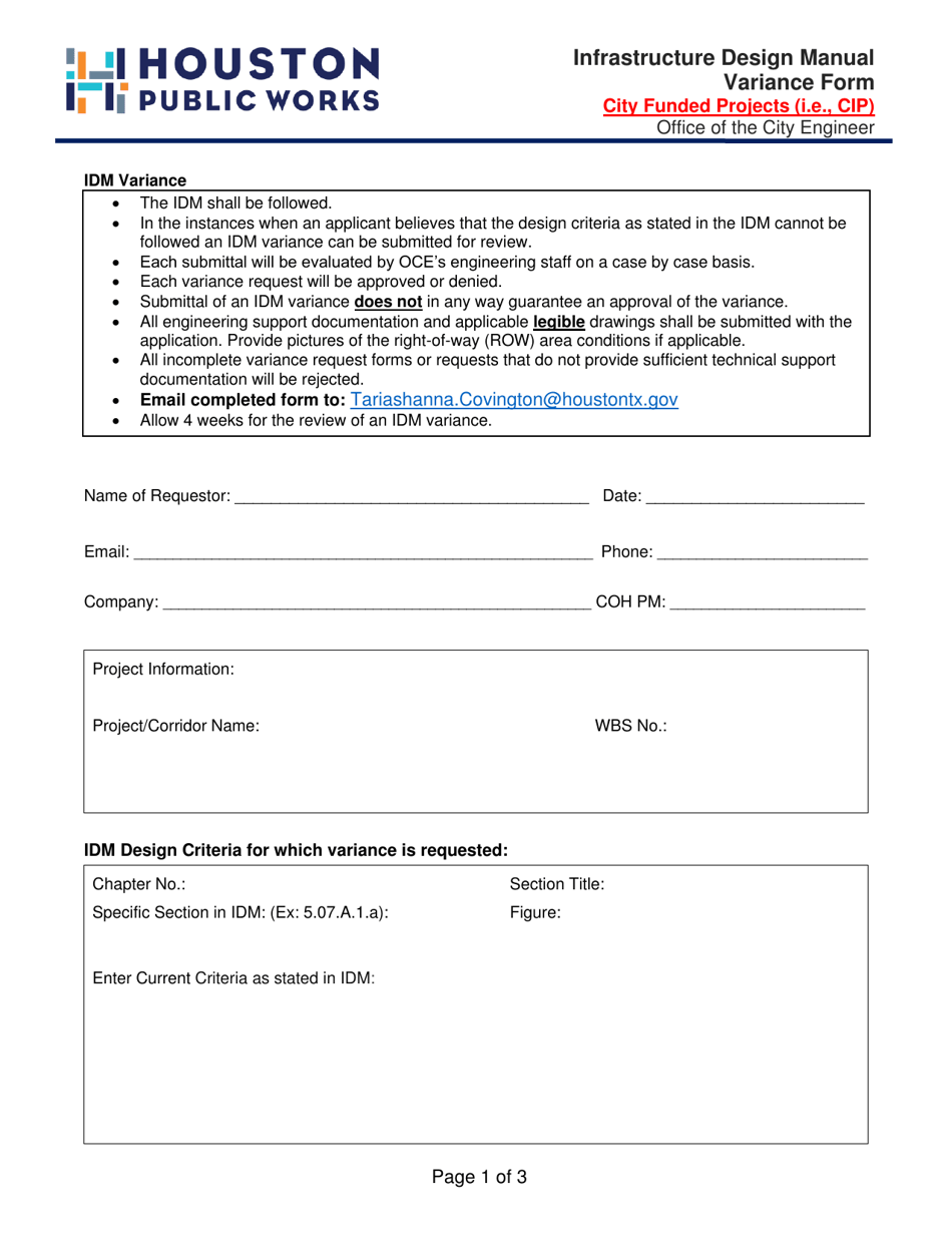 City of Houston, Texas Infrastructure Design Manual Variance Form ...
