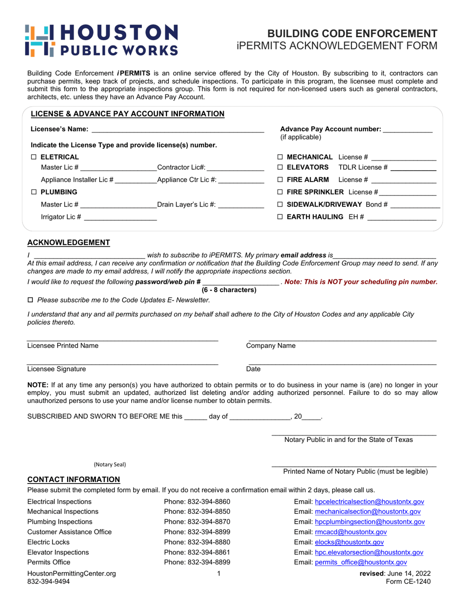 Form CE-1240 - Fill Out, Sign Online and Download Fillable PDF, City of ...
