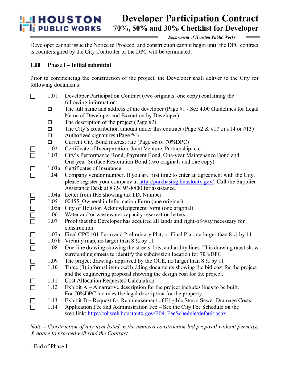 City of Houston, Texas Developer Participation Contract 70%, 50% and 30 ...