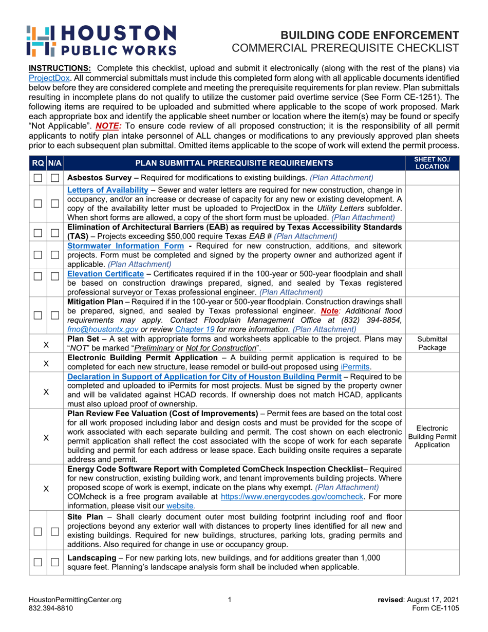 Form CE-1105 - Fill Out, Sign Online and Download Fillable PDF, City of ...