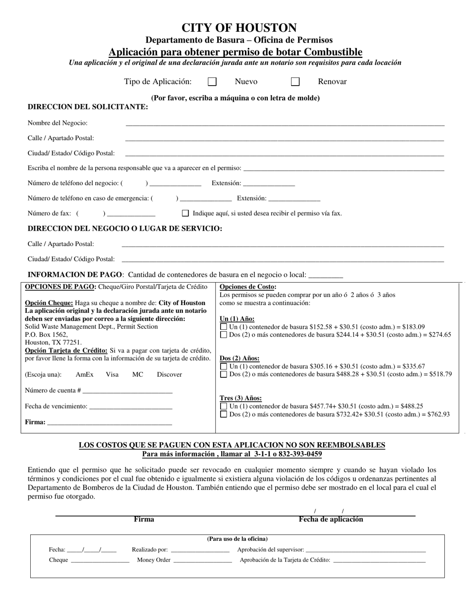City of Houston, Texas Aplicacion Para Obtener Permiso De Botar ...