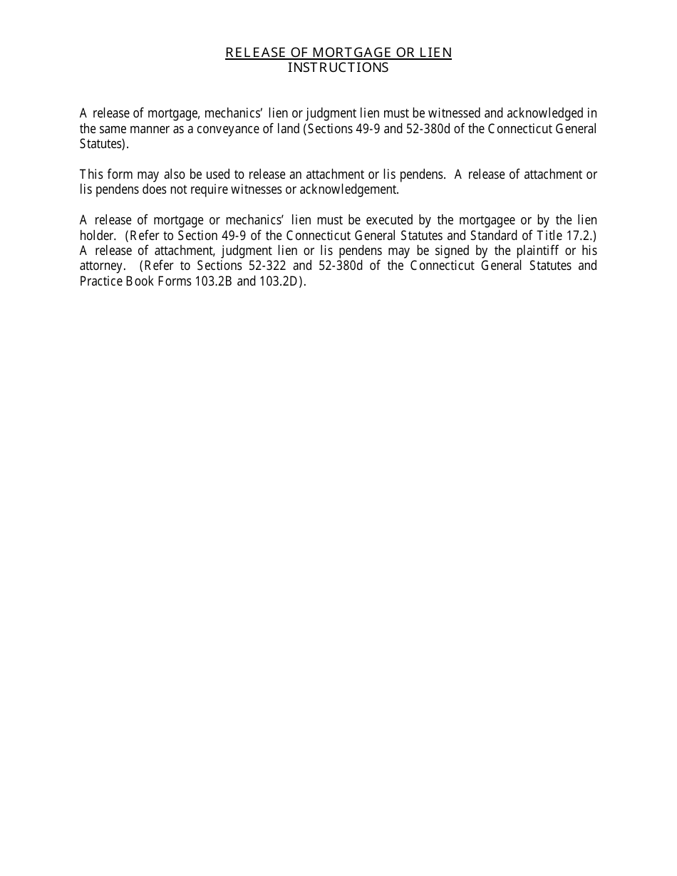 Connecticut Release of Mortgage or Lien Form - Fill Out, Sign Online and Download PDF ...