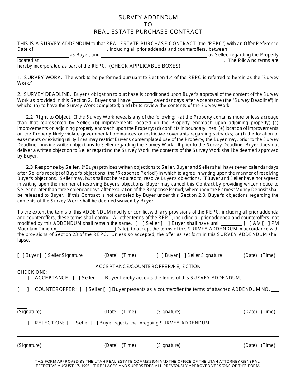 Utah Survey Addendum to Real Estate Purchase Contract - Fill Out, Sign ...