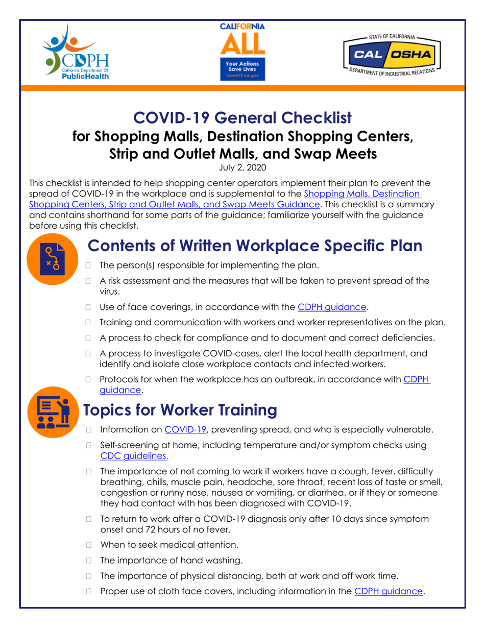 California Covid-19 General Checklist for Shopping Malls, Destination ...