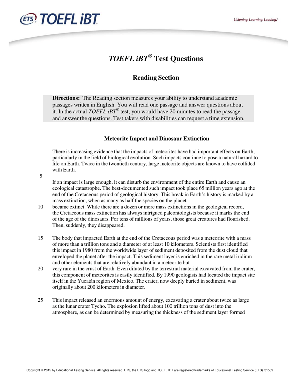 2015 Toefl Ibt Test Questions: Reading Section - Educational Testing ...