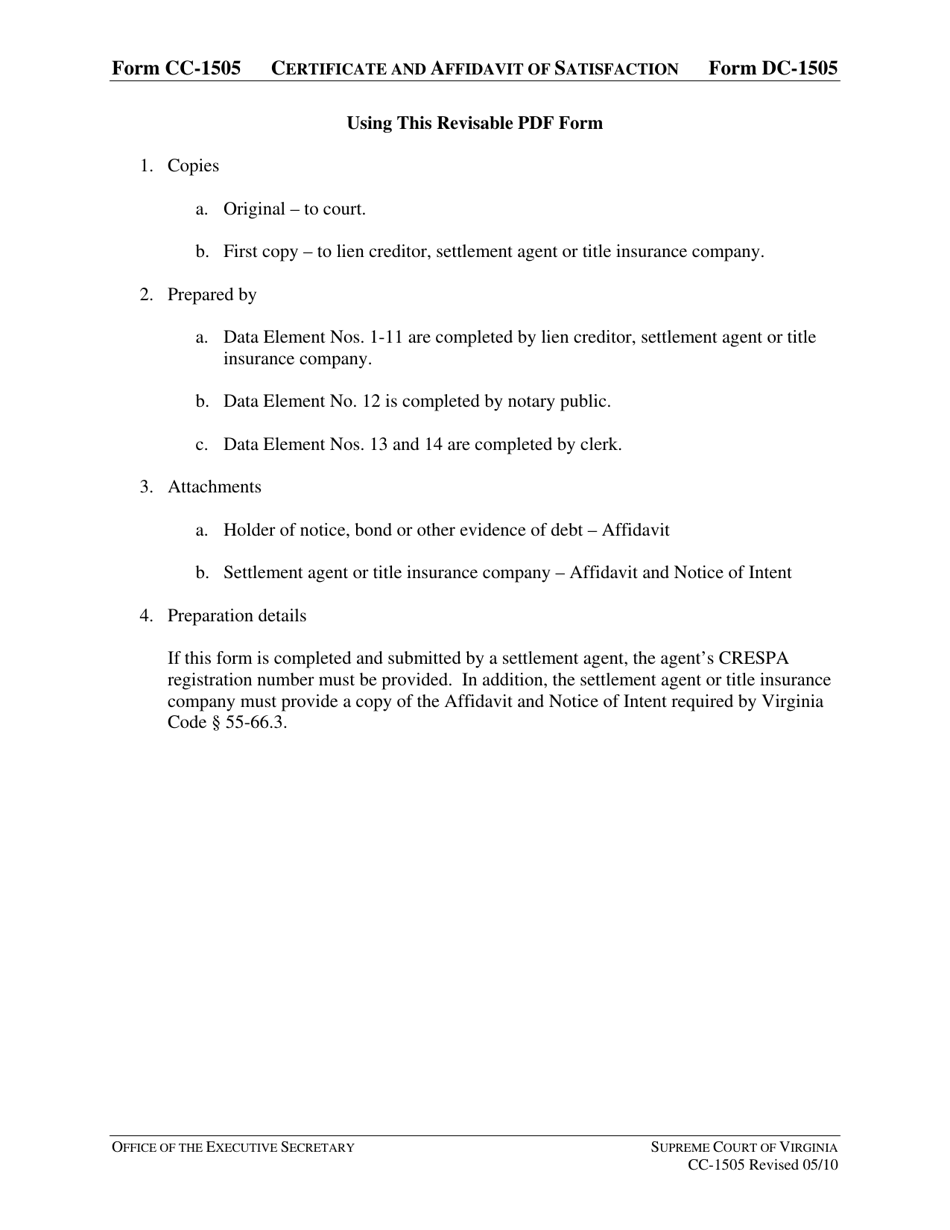 Download Instructions for Form CC-1505 Certificate and Affidavit of Satisfaction PDF ...