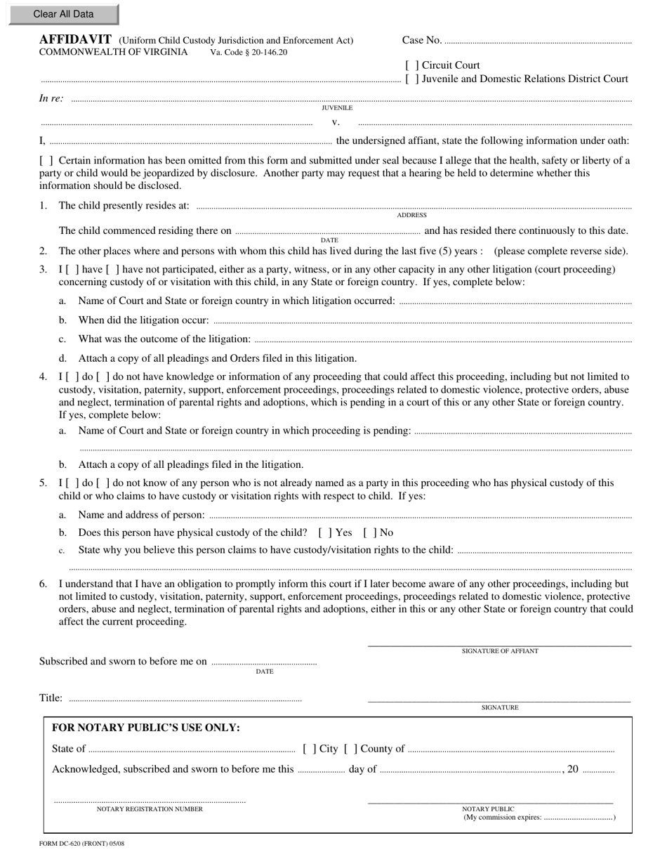 Form DC-620 - Fill Out, Sign Online and Download Fillable PDF, Virginia ...