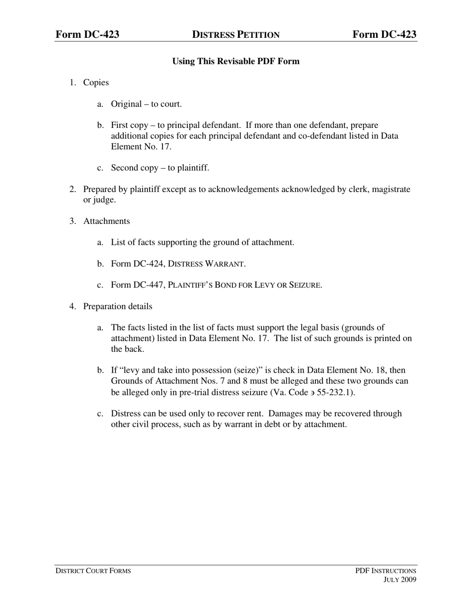 Download Instructions for Form DC-423 Distress Petition PDF ...