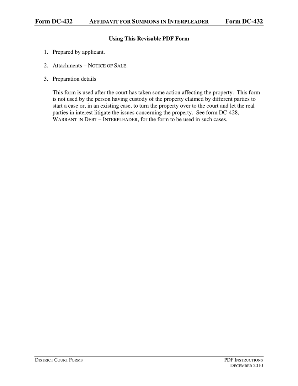 Download Instructions for Form DC-432 Affidavit for Summons in Interpleader PDF | Templateroller