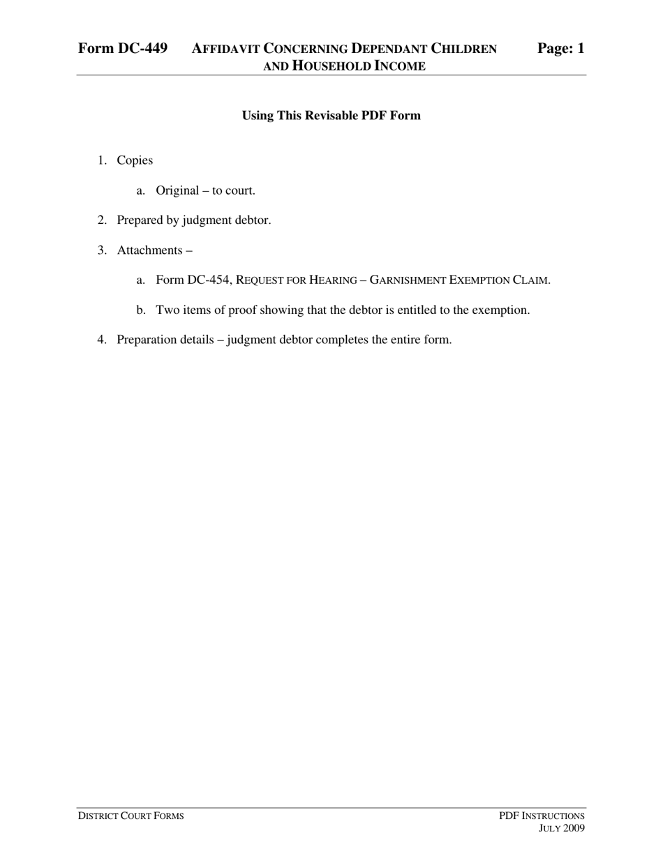 Download Instructions for Form DC-449 Affidavit Concerning Dependant ...