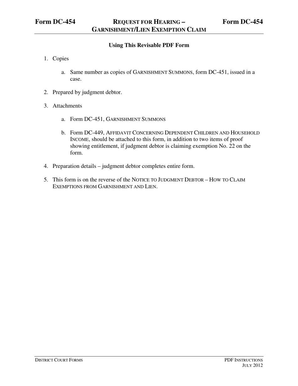 Download Instructions for Form DC-454 Request for Hearing - Garnishment ...