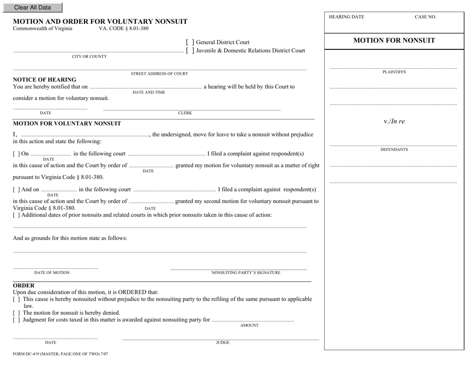 Form DC-419 - Fill Out, Sign Online and Download Fillable PDF, Virginia ...