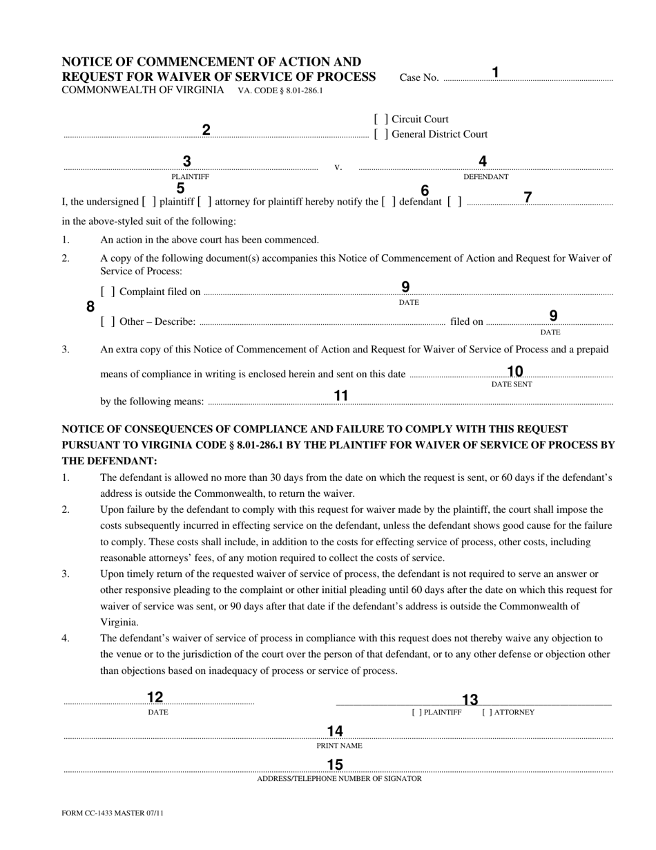 Download Instructions for Form CC-1433 Notice of Commencement of Action and Request for Waiver ...