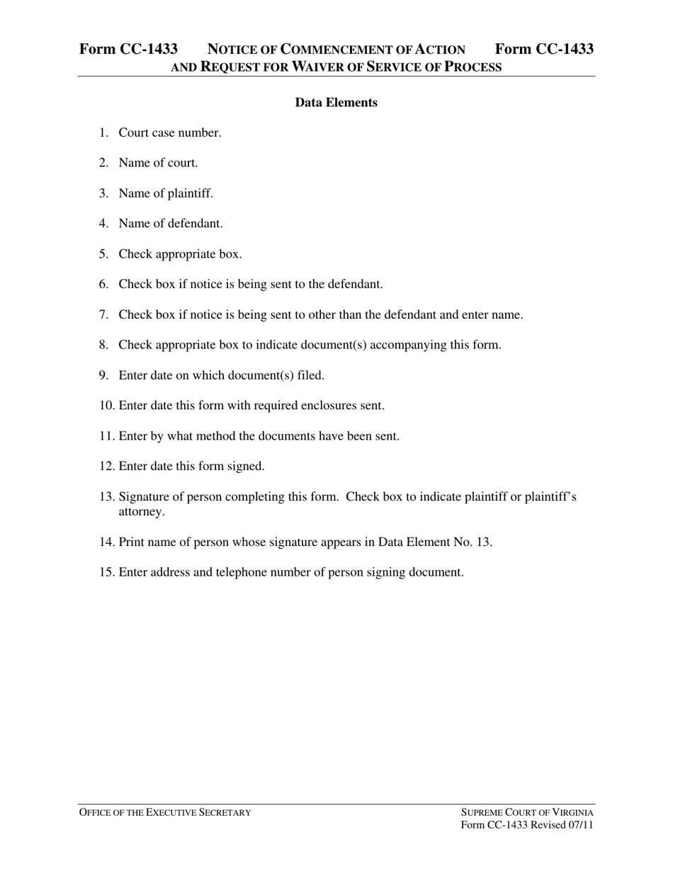 Download Instructions for Form CC-1433 Notice of Commencement of Action and Request for Waiver ...