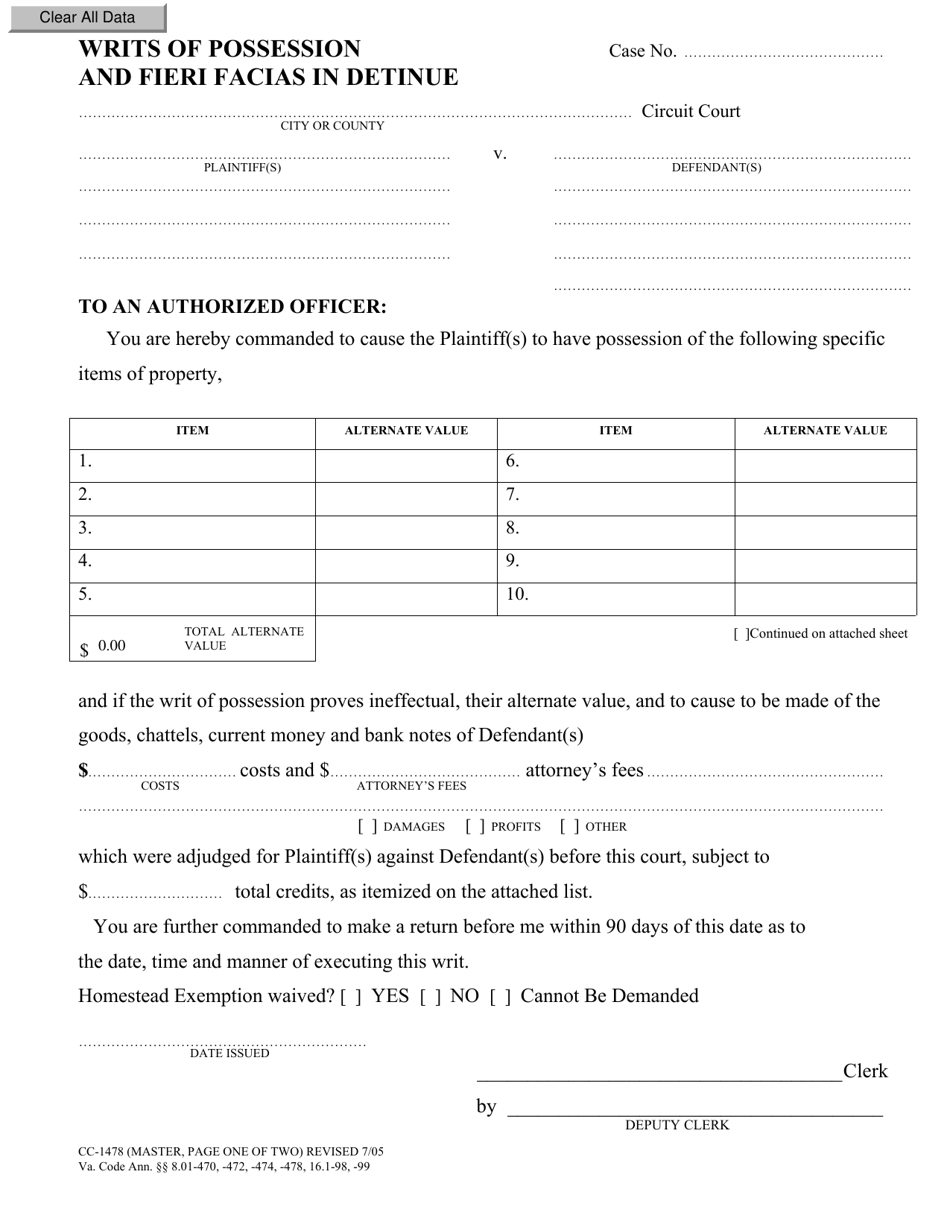 Form CC-1478 - Fill Out, Sign Online and Download Fillable PDF ...