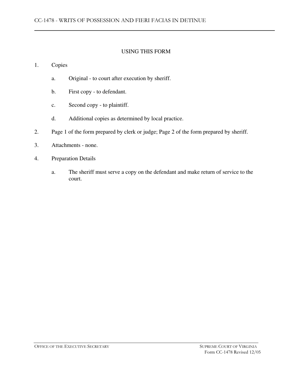 Download Instructions for Form CC-1478 Writs of Possession and Fieri Facias in Detinue PDF ...