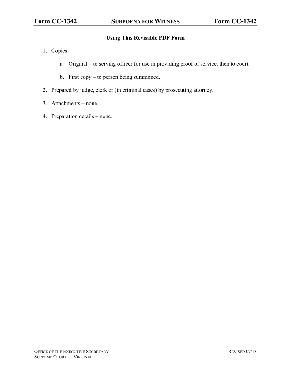 Download Instructions for Form CC-1342 Subpoena for Witness PDF ...