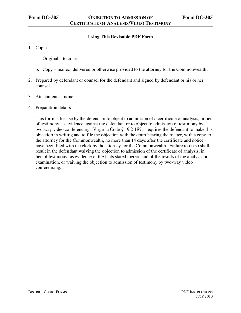 Download Instructions for Form DC-305 Objection to Admission of ...