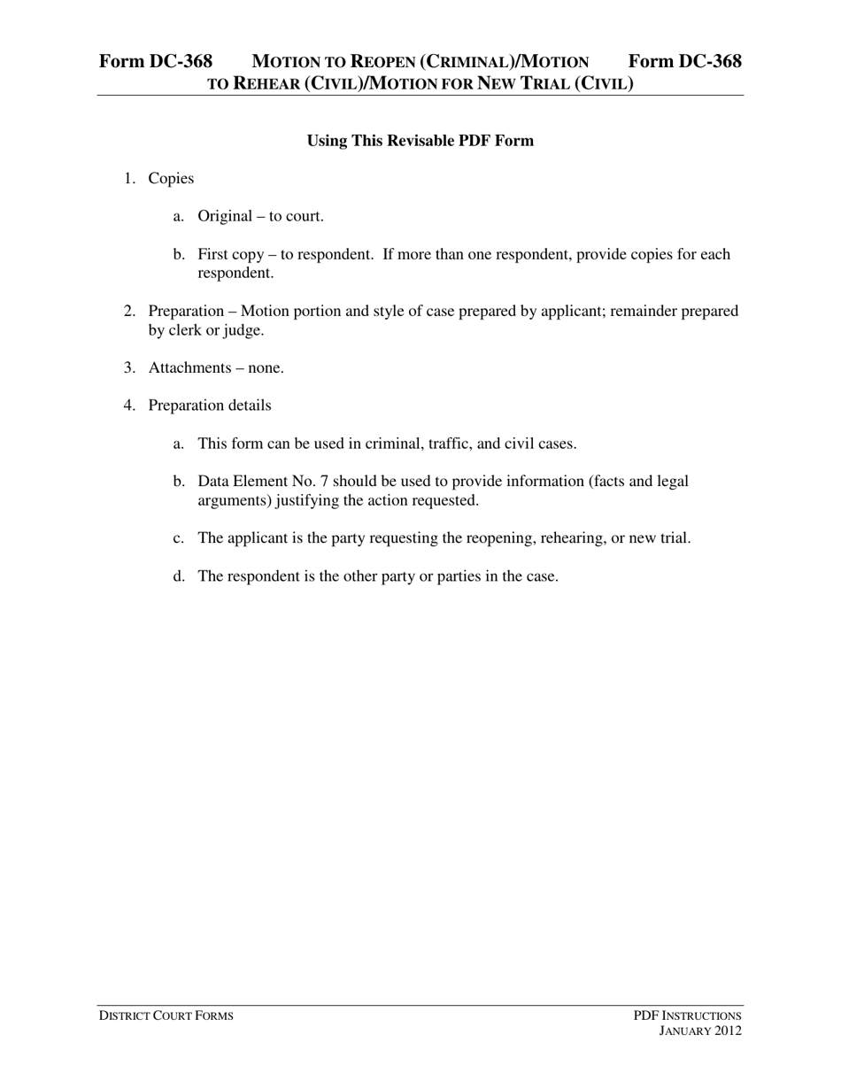 Download Instructions for Form DC-368 Motion to Reopen (Criminal ...