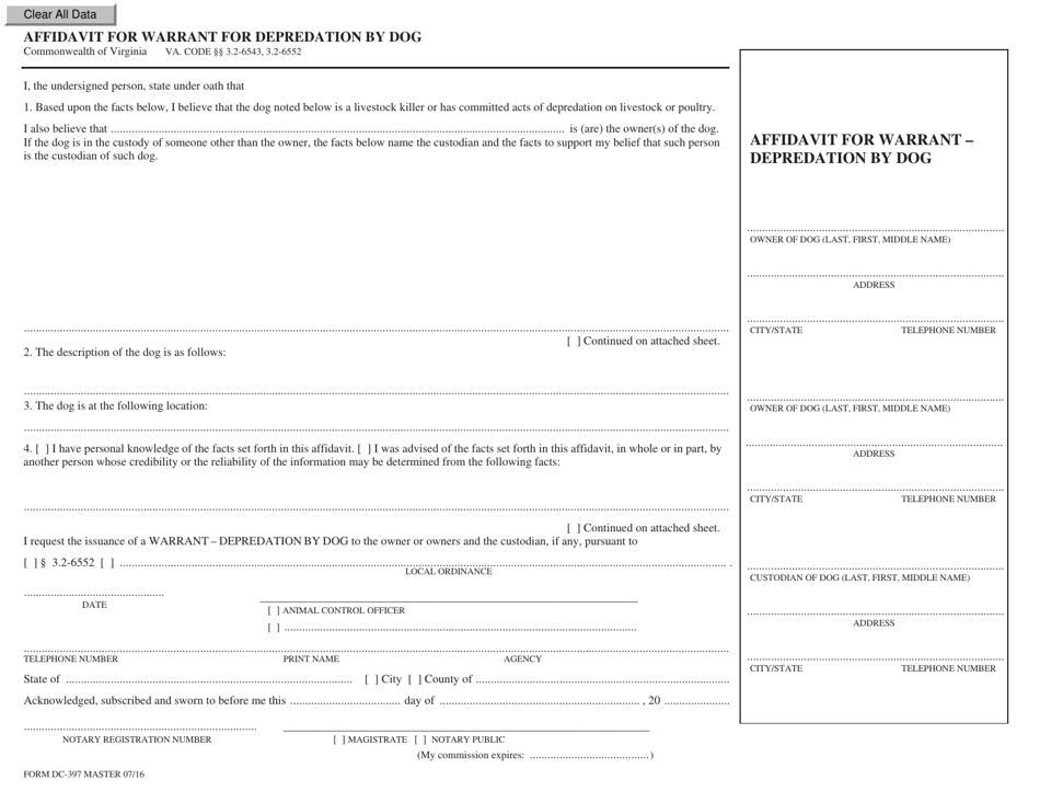 Form DC-397 - Fill Out, Sign Online and Download Fillable PDF, Virginia ...