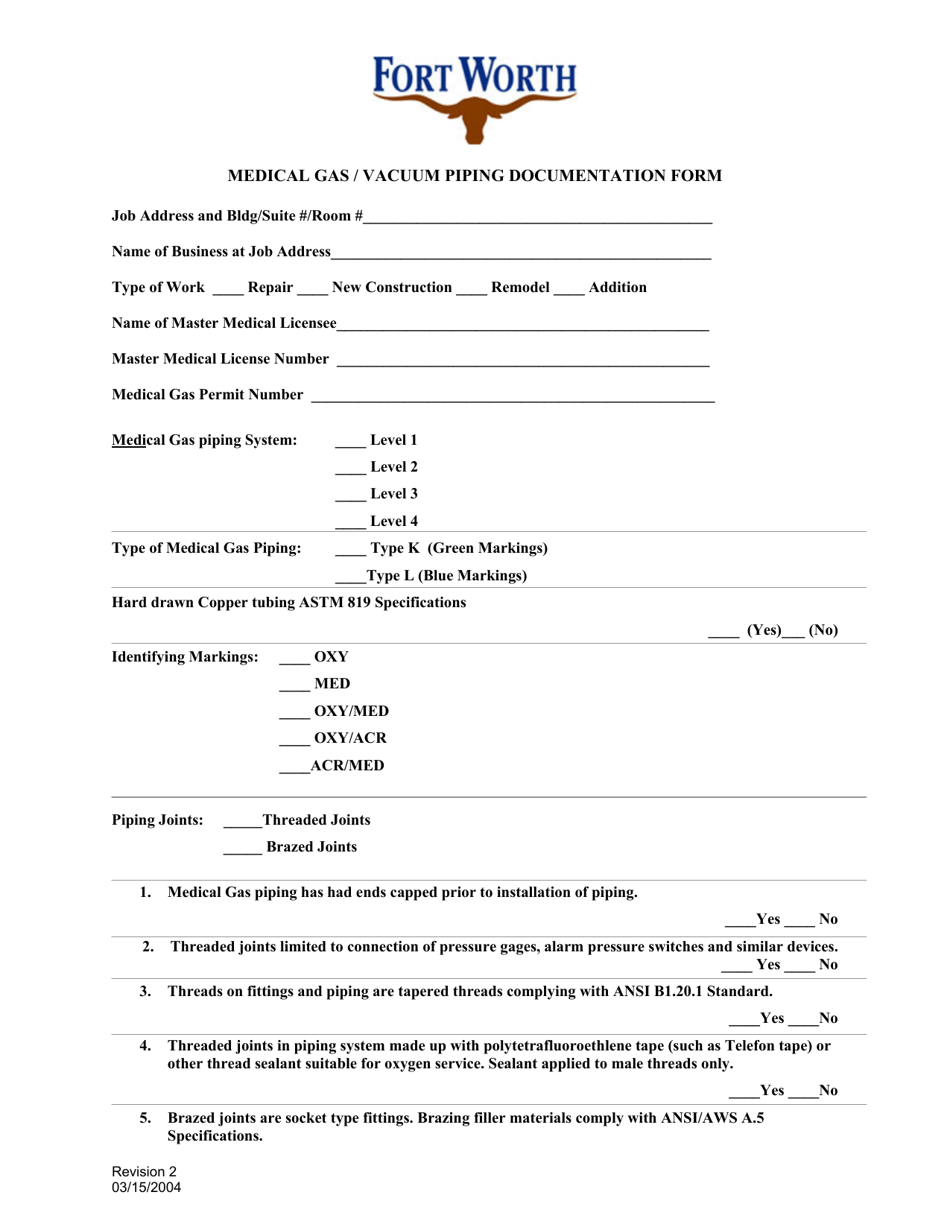 City of Fort Worth, Texas Medical Gas/Vacuum Piping Documentation Form ...