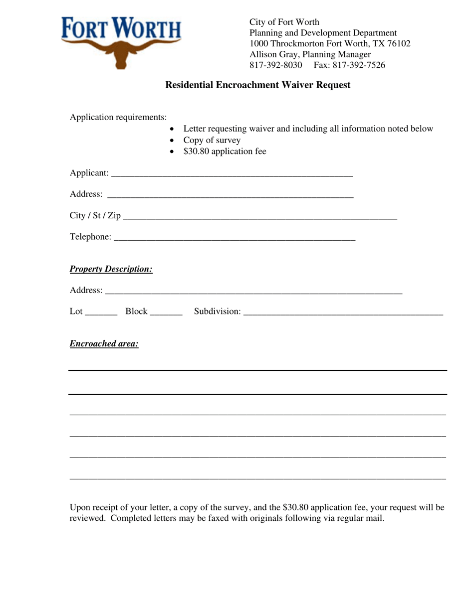 City of Fort Worth, Texas Residential Encroachment Waiver Request ...