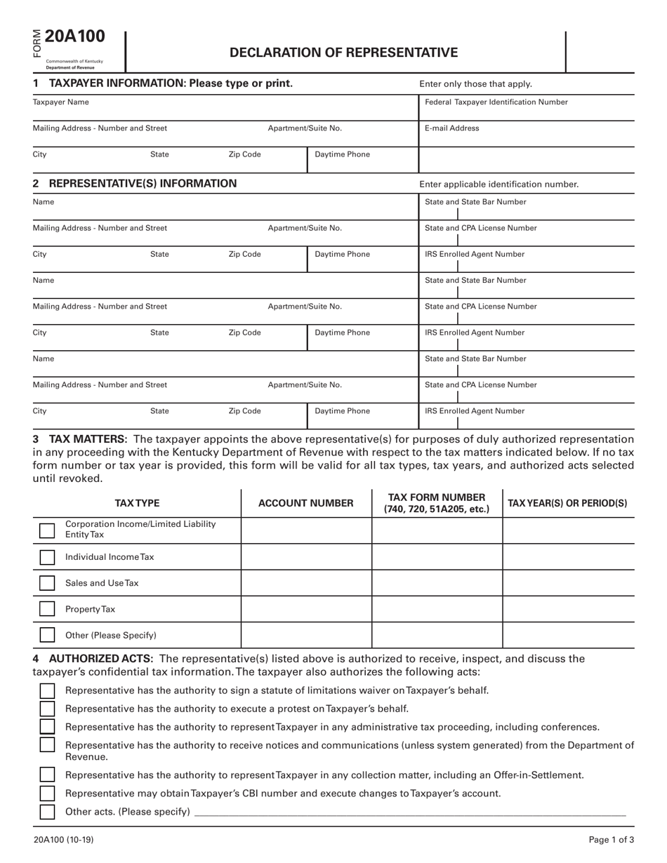 Form 20A100 - Fill Out, Sign Online and Download Fillable PDF, Kentucky ...
