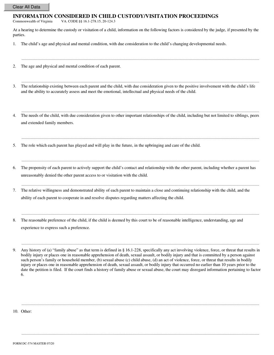 Form DC-574 Download Fillable PDF or Fill Online Information Considered ...