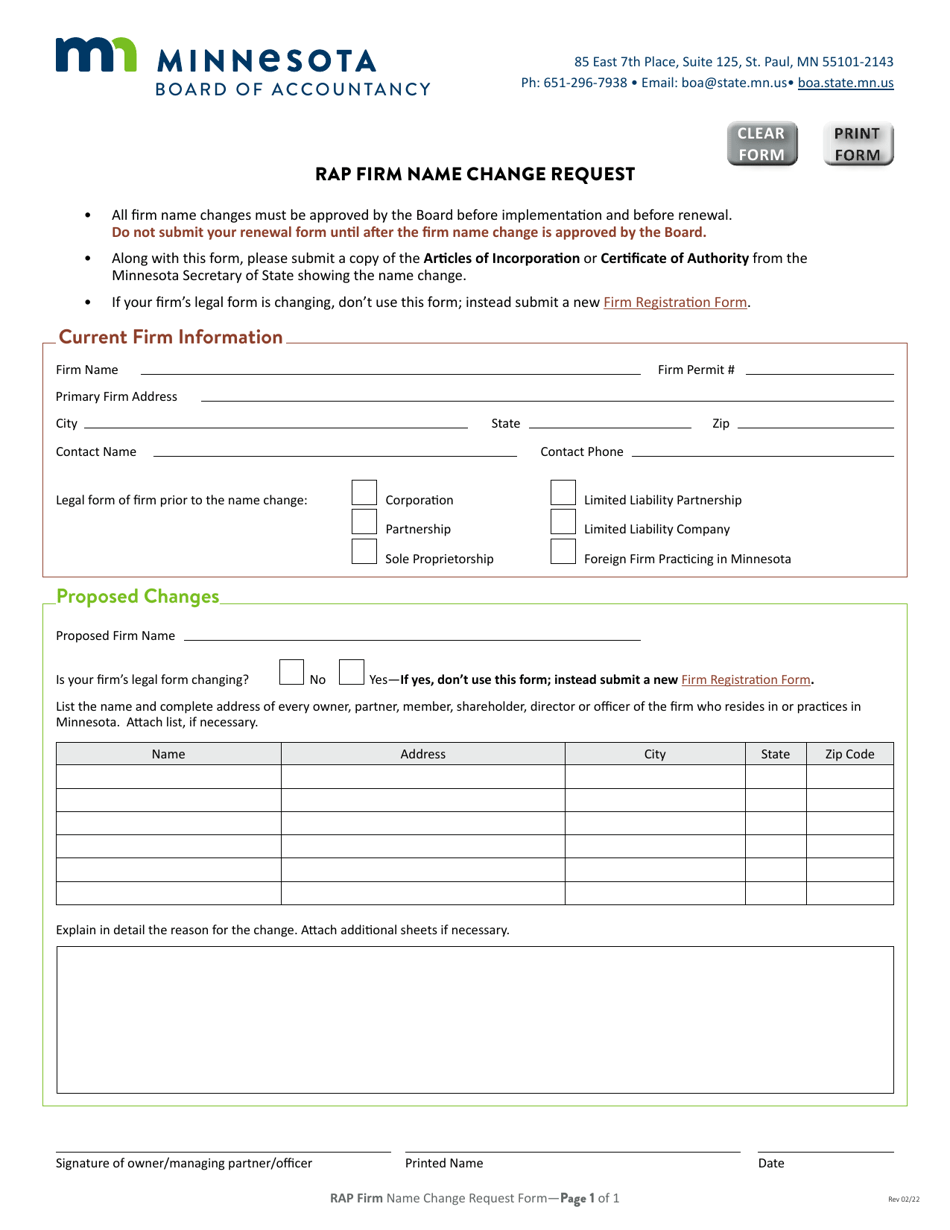 Minnesota Rap Firm Name Change Request - Fill Out, Sign Online and ...