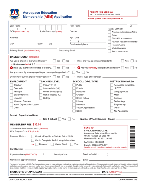 CAP Form 13 Download Fillable PDF or Fill Online Aerospace Education ...