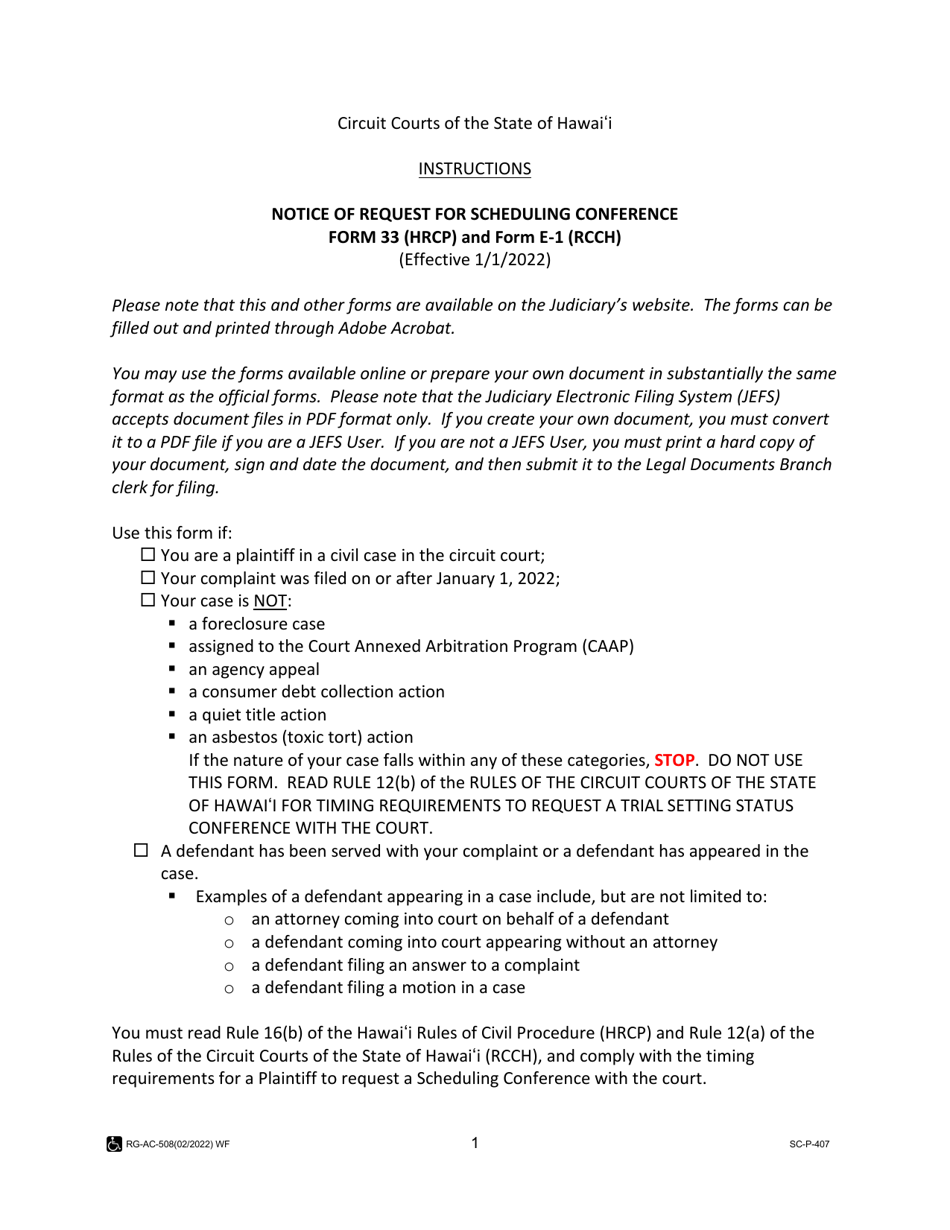Download Instructions for Form RCCH E-1, HRCP33, SC-P-407 PDF | Templateroller