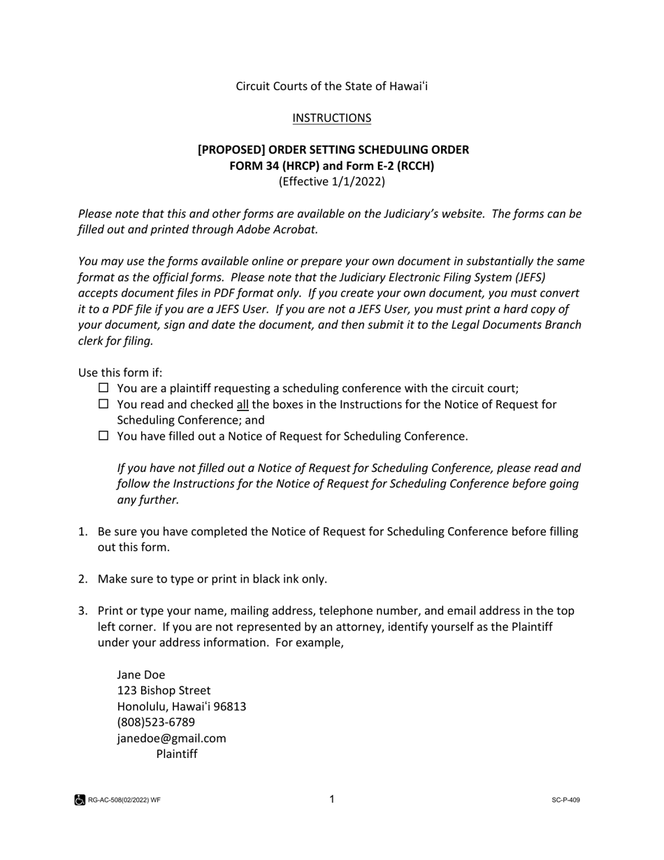 Download Instructions for Form RCCH E-2, HRCP34, SC-P-409 (Proposed) Order Setting Scheduling ...