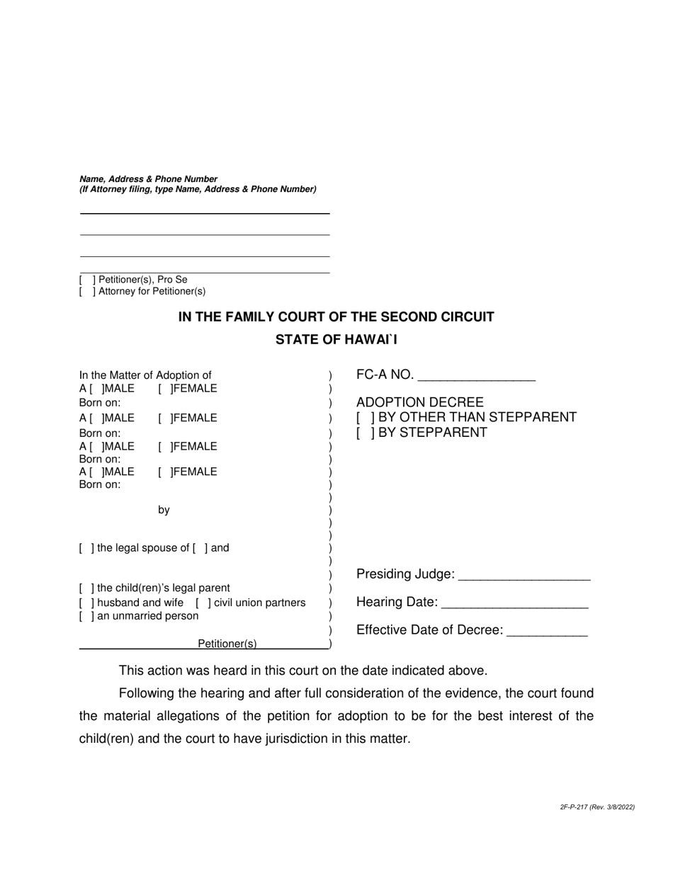 Form 2F-P-217 Download Fillable PDF or Fill Online Adoption Decree by ...