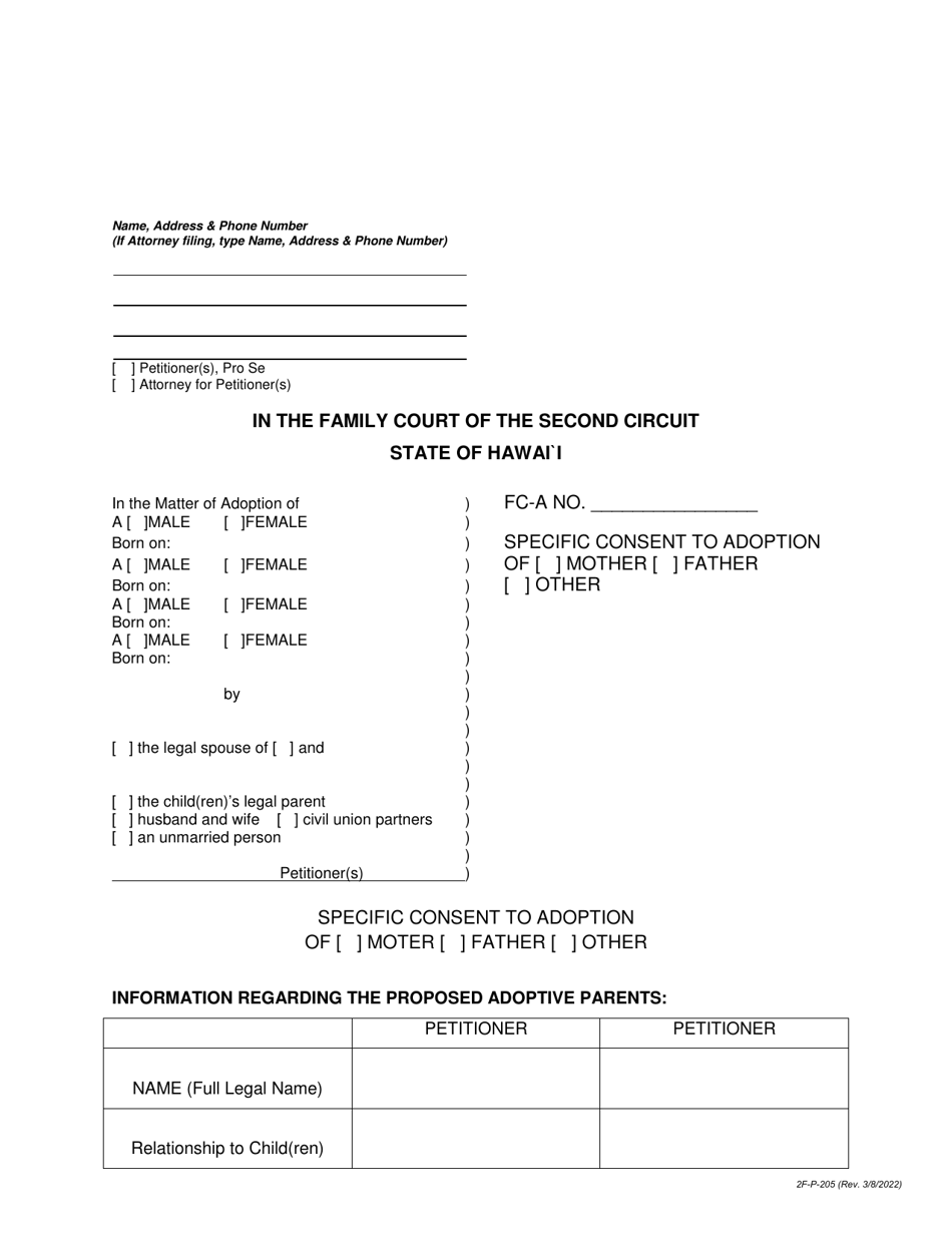 Form 2F-P-205 - Fill Out, Sign Online and Download Fillable PDF, Hawaii ...