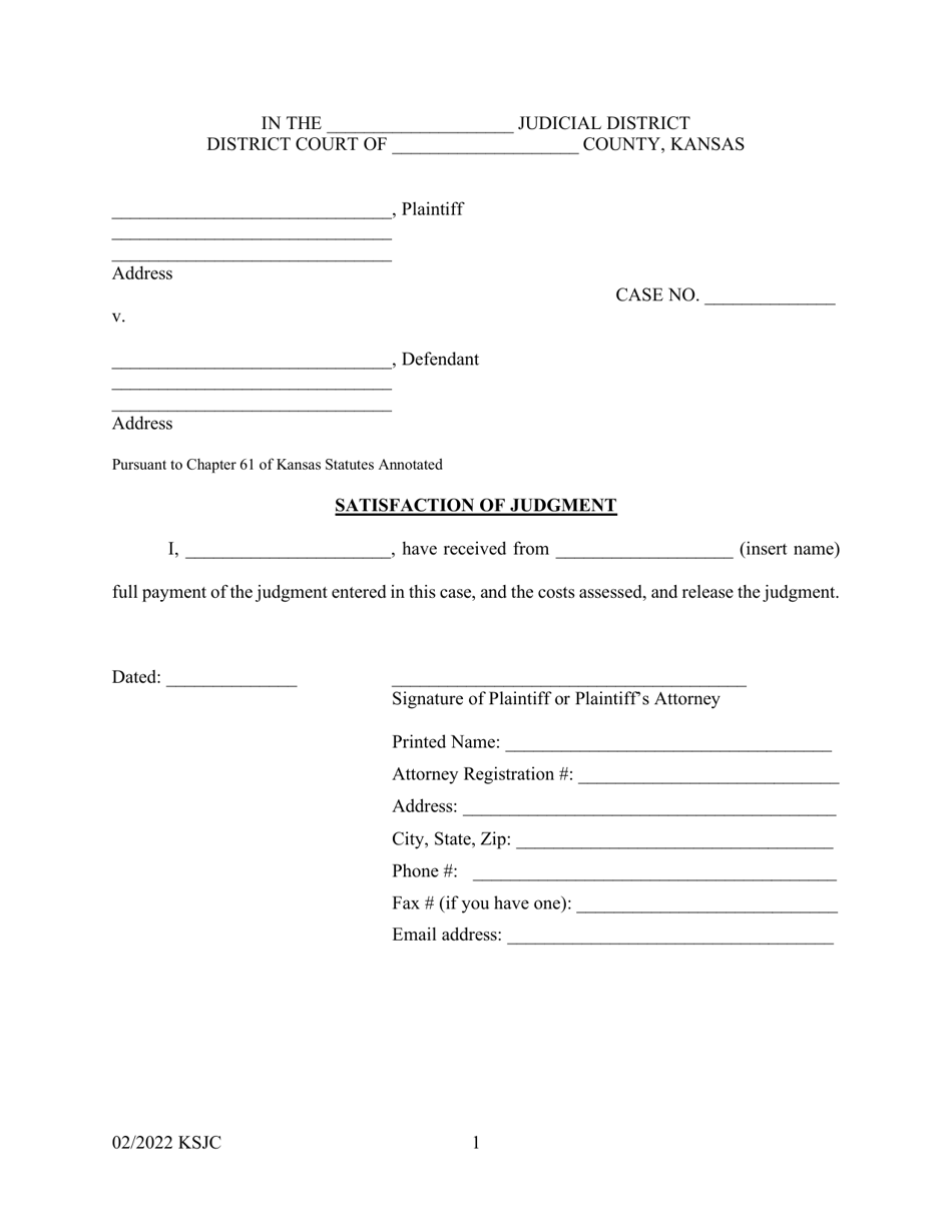 Kansas Satisfaction of Judgment Download Fillable PDF | Templateroller