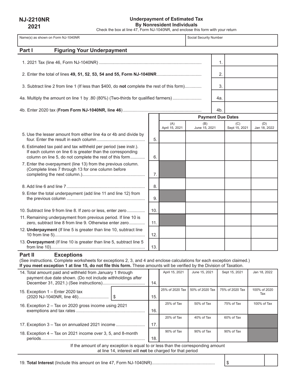 Form NJ-2210NR - 2021 - Fill Out, Sign Online and Download Fillable PDF ...