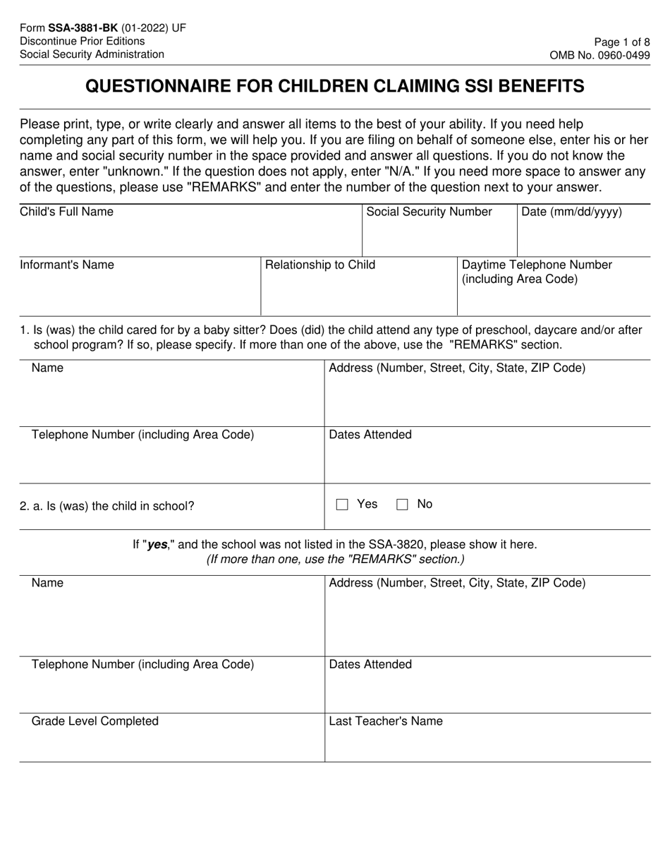 Form SSA-3881-BK Download Fillable PDF or Fill Online Questionnaire for ...