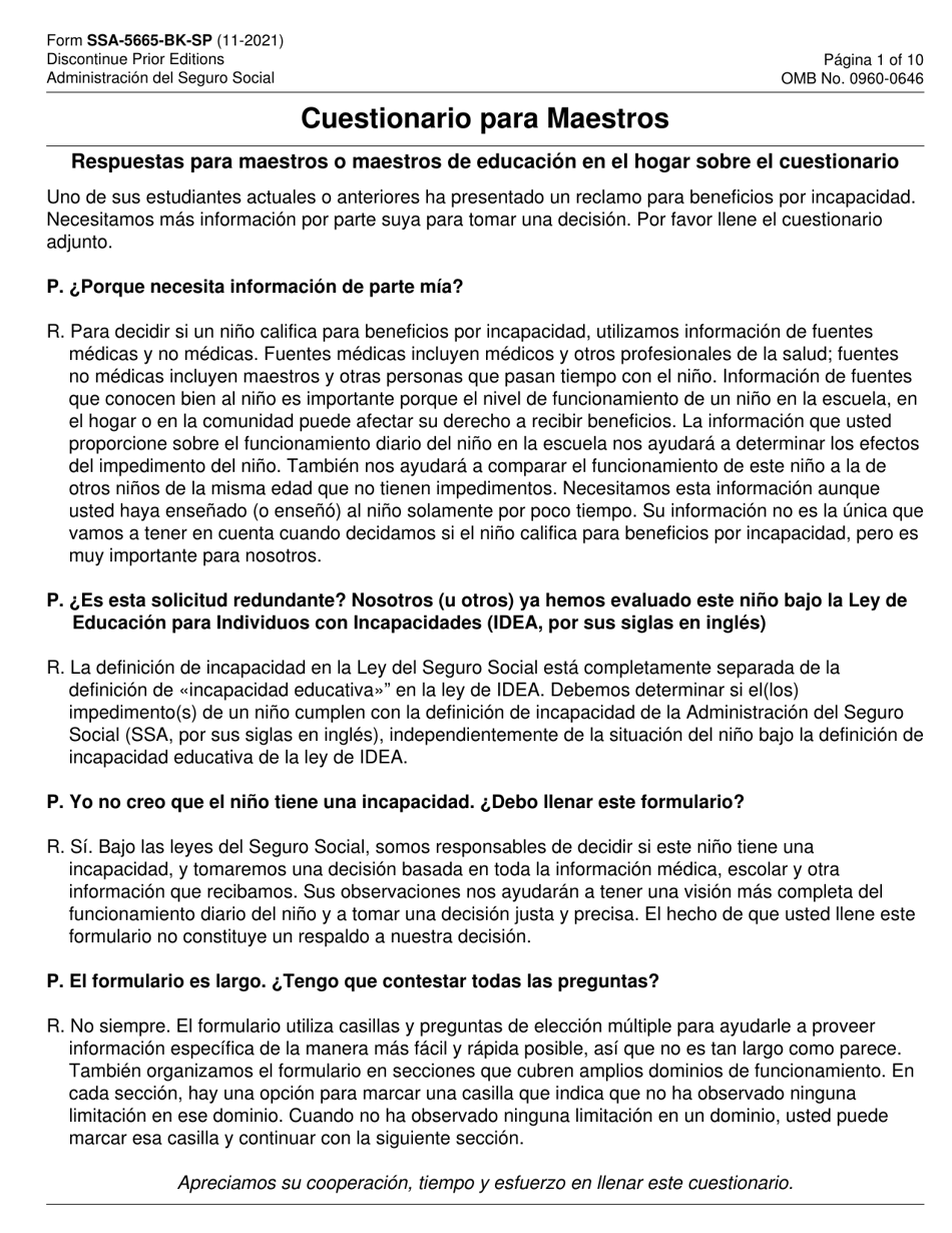 Formulario SSA-5665-BK-SP Download Printable PDF or Fill Online Cuestionario Para Maestros ...
