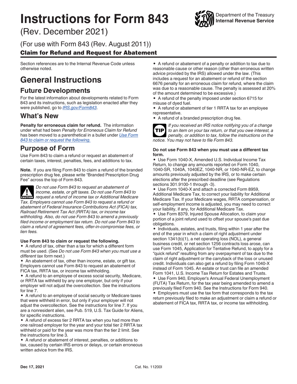 Download Instructions for IRS Form 843 Claim for Refund and Request for Abatement PDF 2019 ...