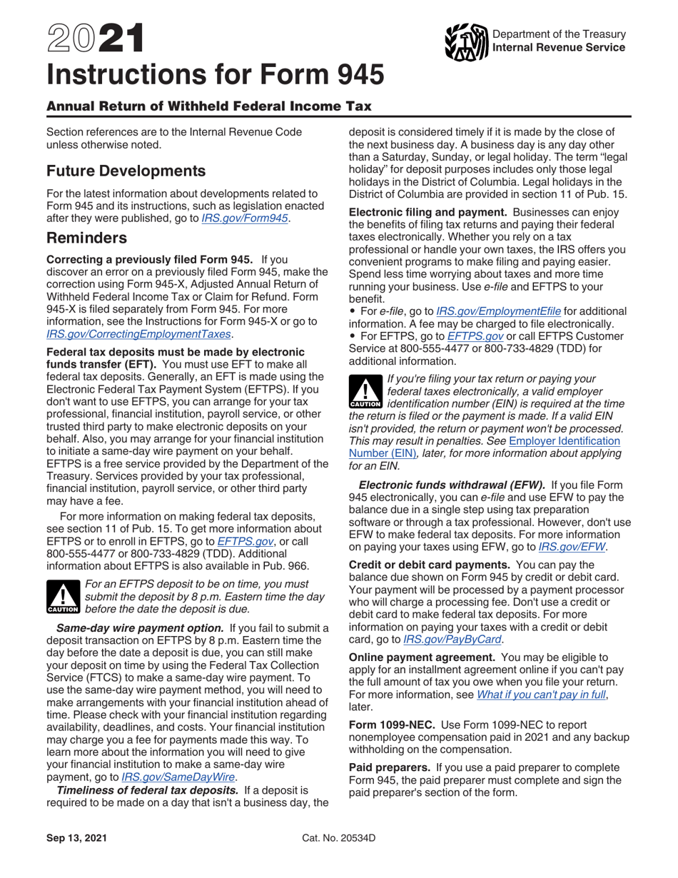 Download Instructions for IRS Form 945 Annual Return of Withheld ...