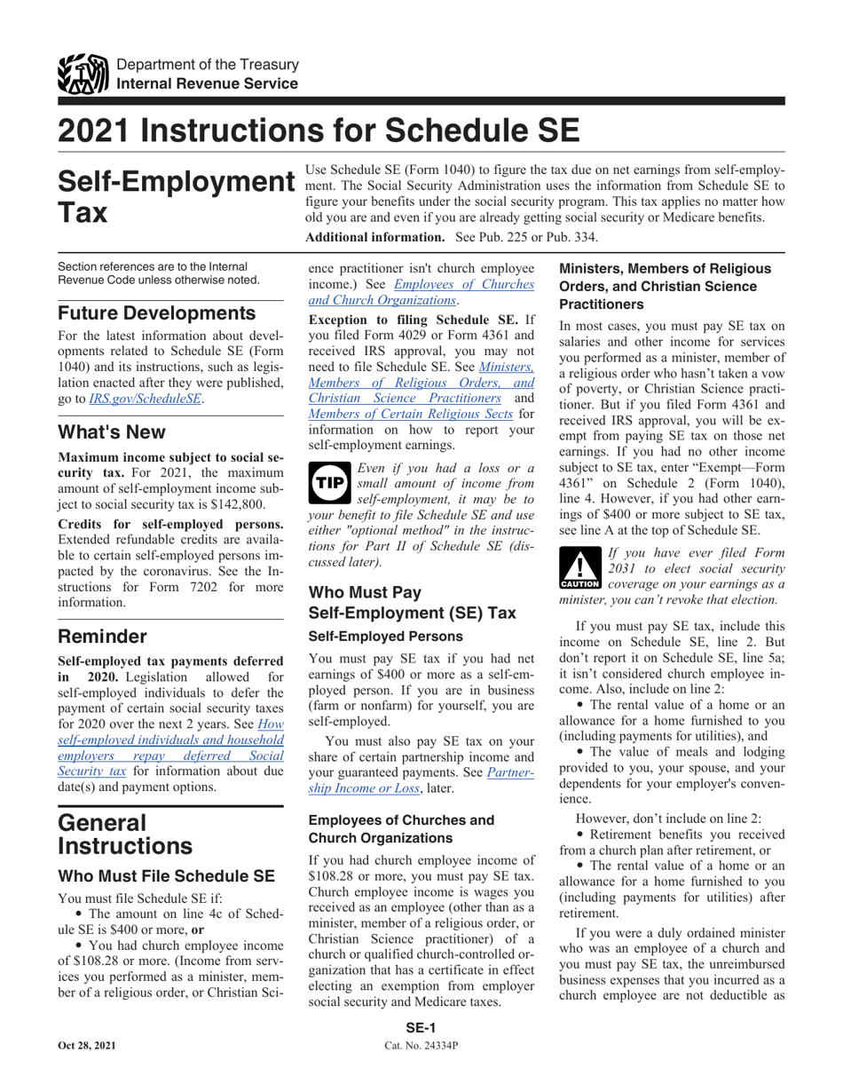 Download Instructions for IRS Form 1040 Schedule SE Self-employment Tax ...