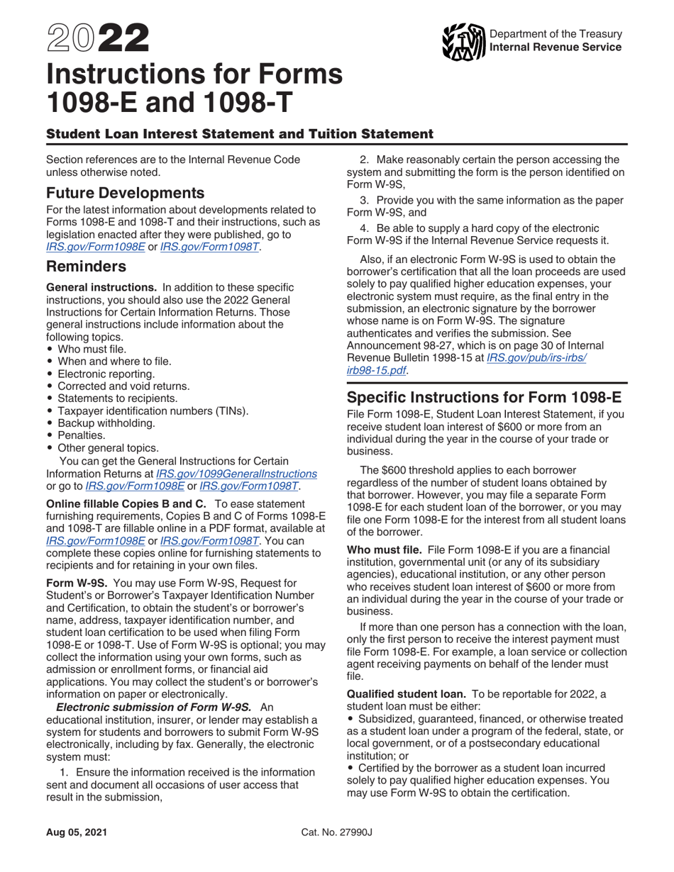 Download Instructions for IRS Form 1098-E, 1098-T PDF, 2022 ...
