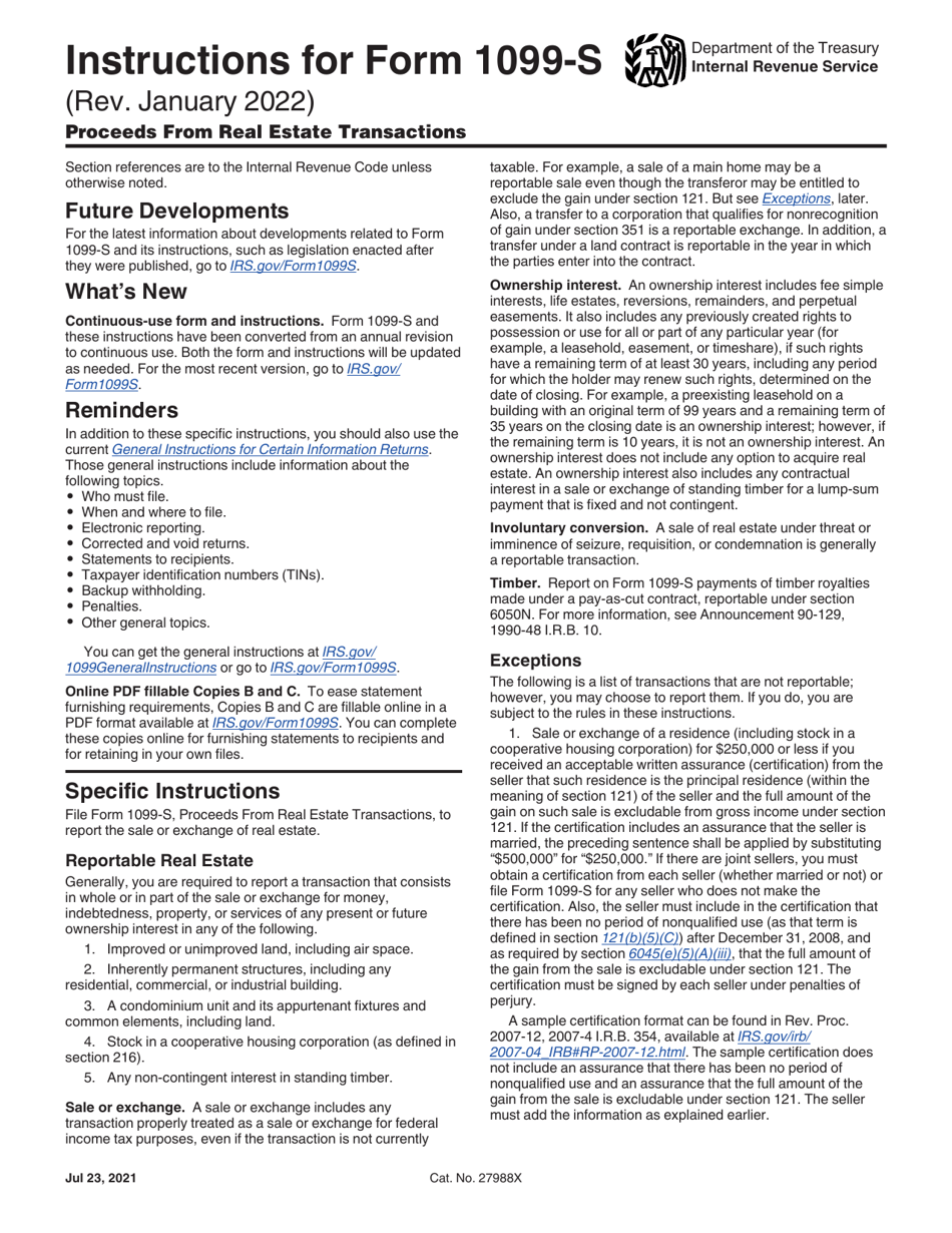 Download Instructions for IRS Form 1099-S Proceeds From Real Estate ... Download Instructions for IRS Form 1099-S Proceeds From Real Estate ...