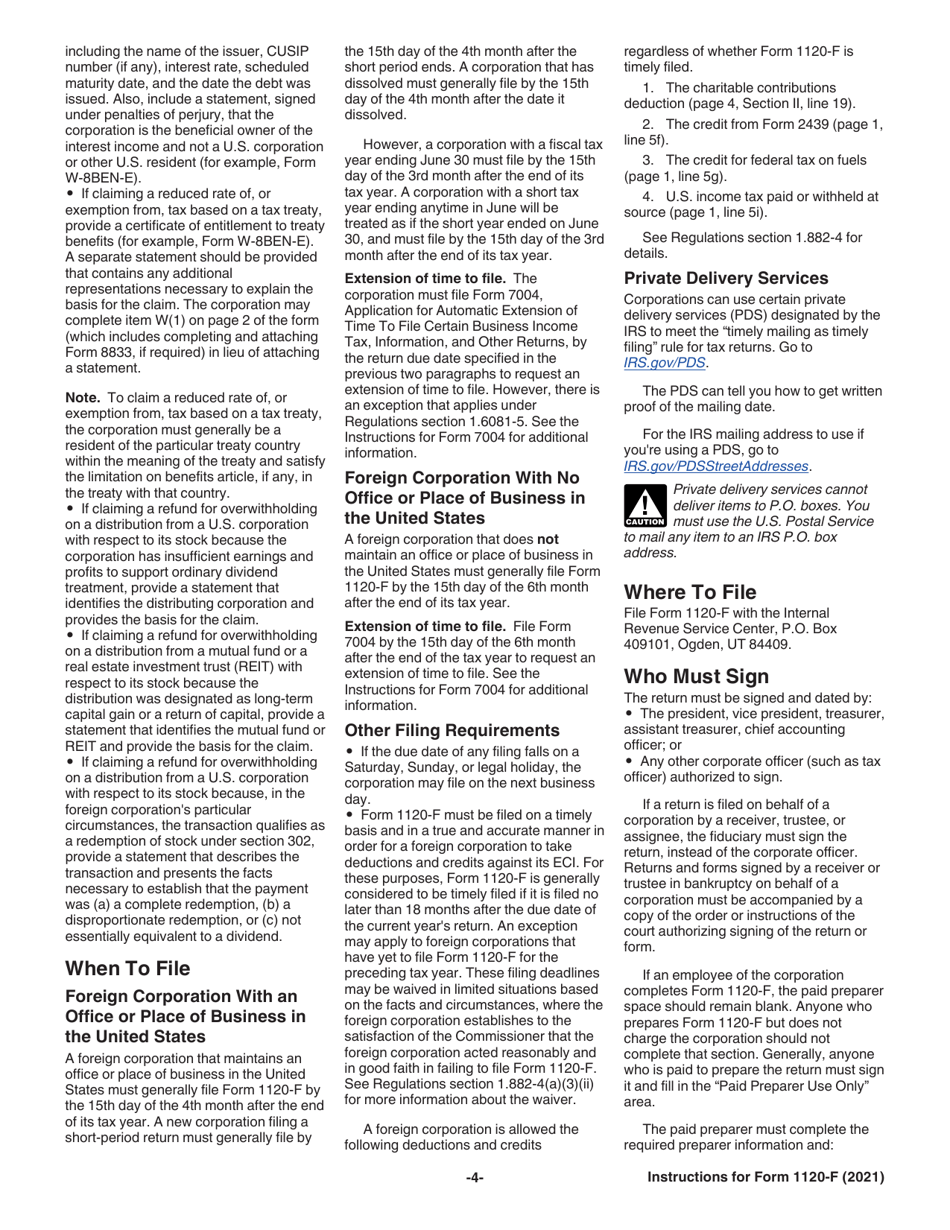 Download Instructions for IRS Form 1120-F U.S. Income Tax Return of a ...