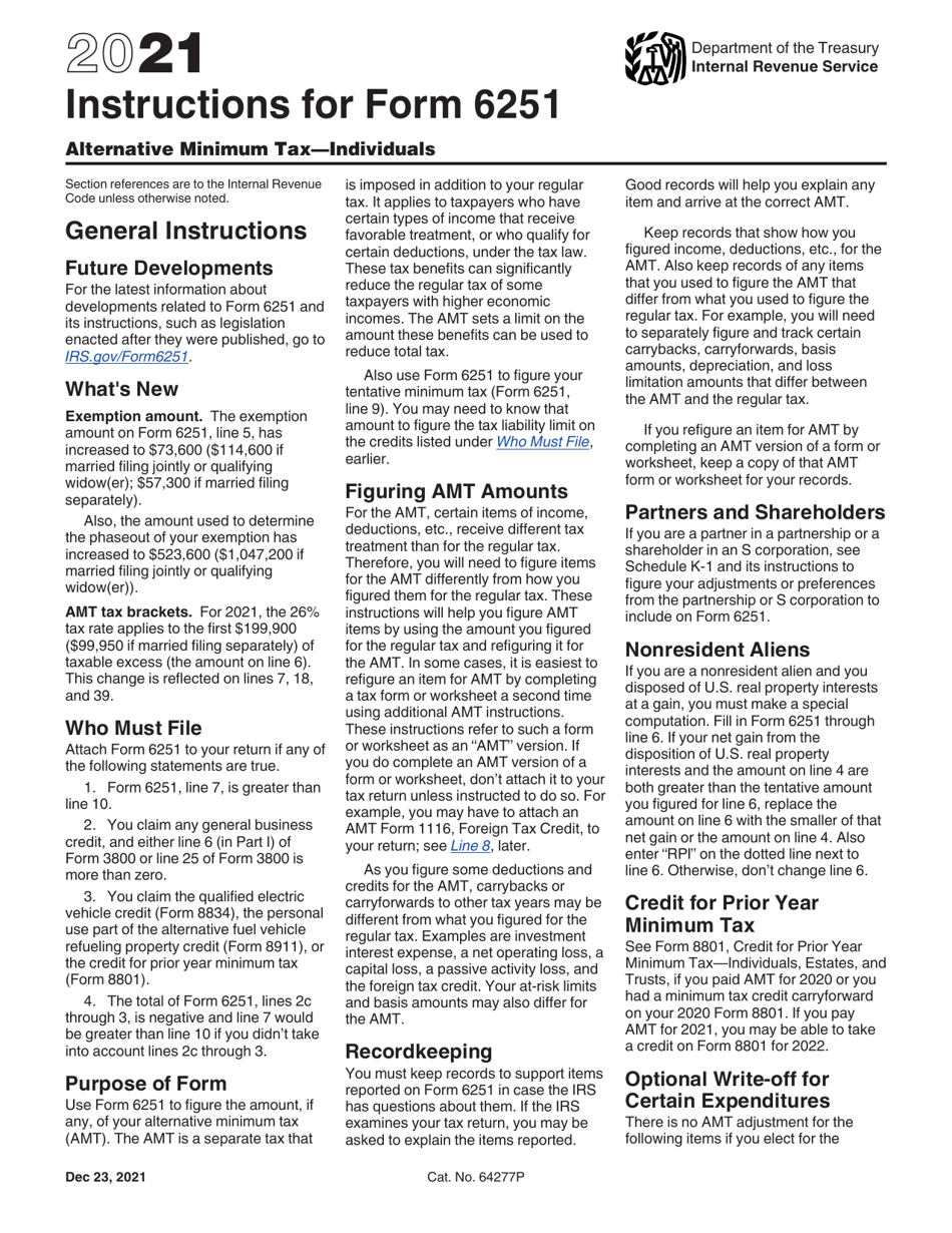 Download Instructions for IRS Form 6251 Alternative Minimum Tax ...